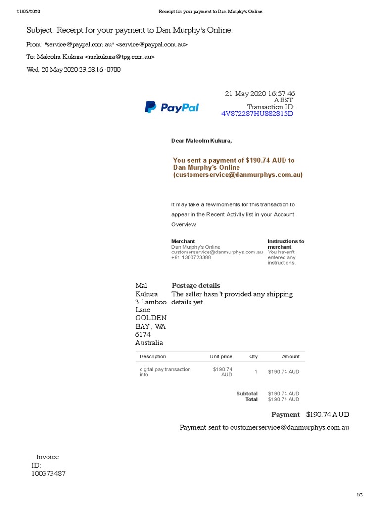 Receipt For Your Payment To Dan Murphy's Online | PDF | Pay Pal | Receipt
