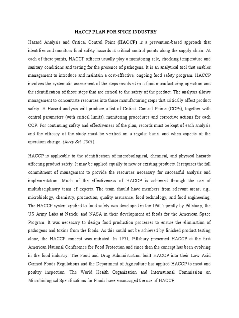 Haccp Plan For Spice Industry | PDF | Hazard Analysis And Critical ...