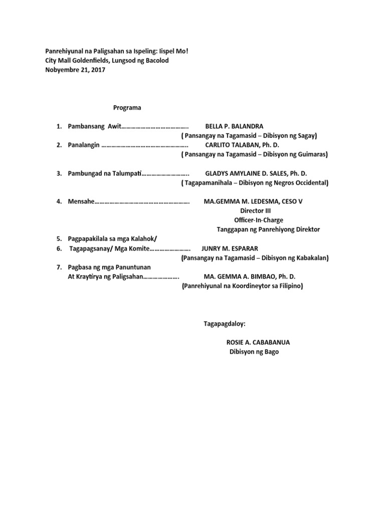 PROGRAM .... Panrehiyunal Na Paligsahan Sa Ispeling | PDF