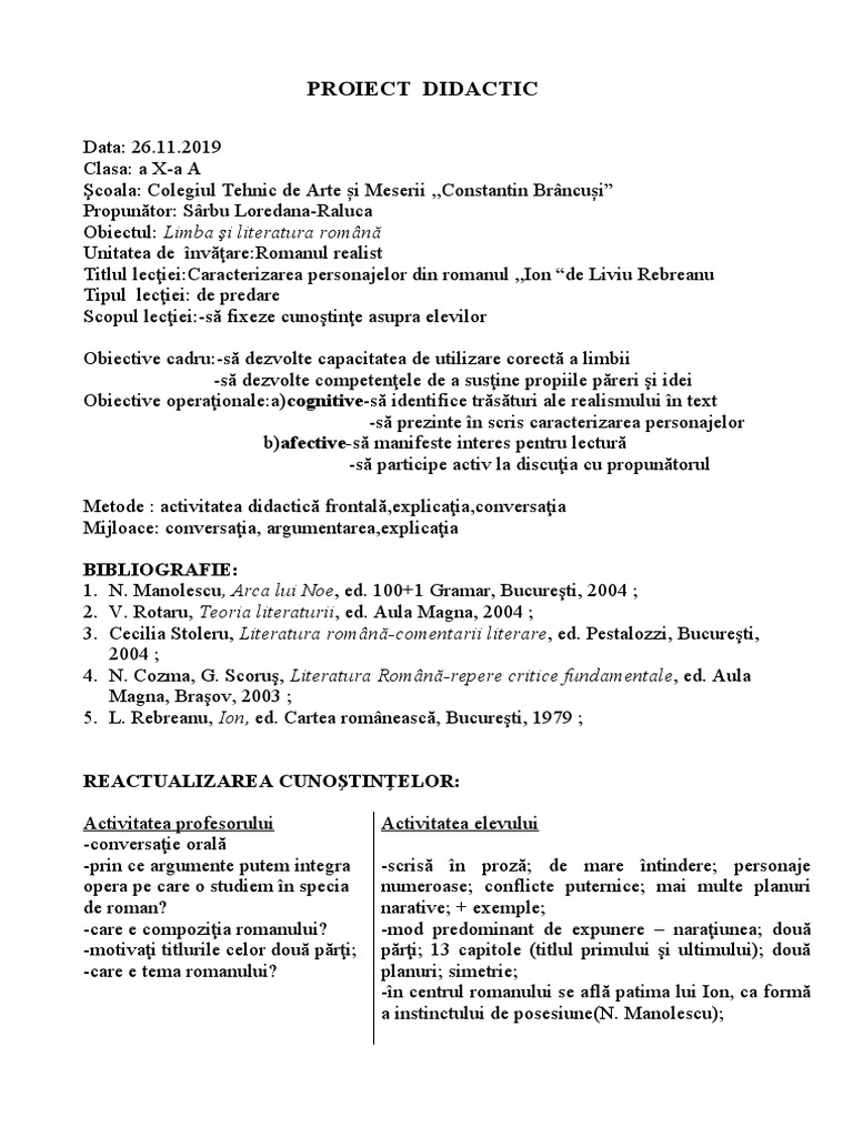 1 Proiect de Lectie Ion | PDF
