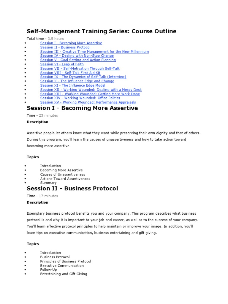 Self-Management Training Series: 3.5 Hour Course | PDF | Goal Setting ...