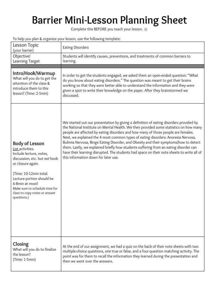 Barrier Mini-Lesson Reflection | PDF | Eating Disorder | Mental Disorder