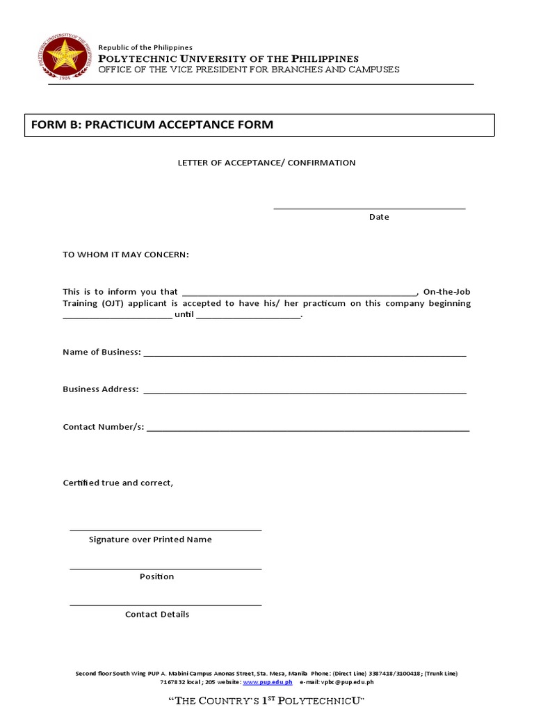 Form B: Practicum Acceptance Form: Olytechnic Niversity of The ...