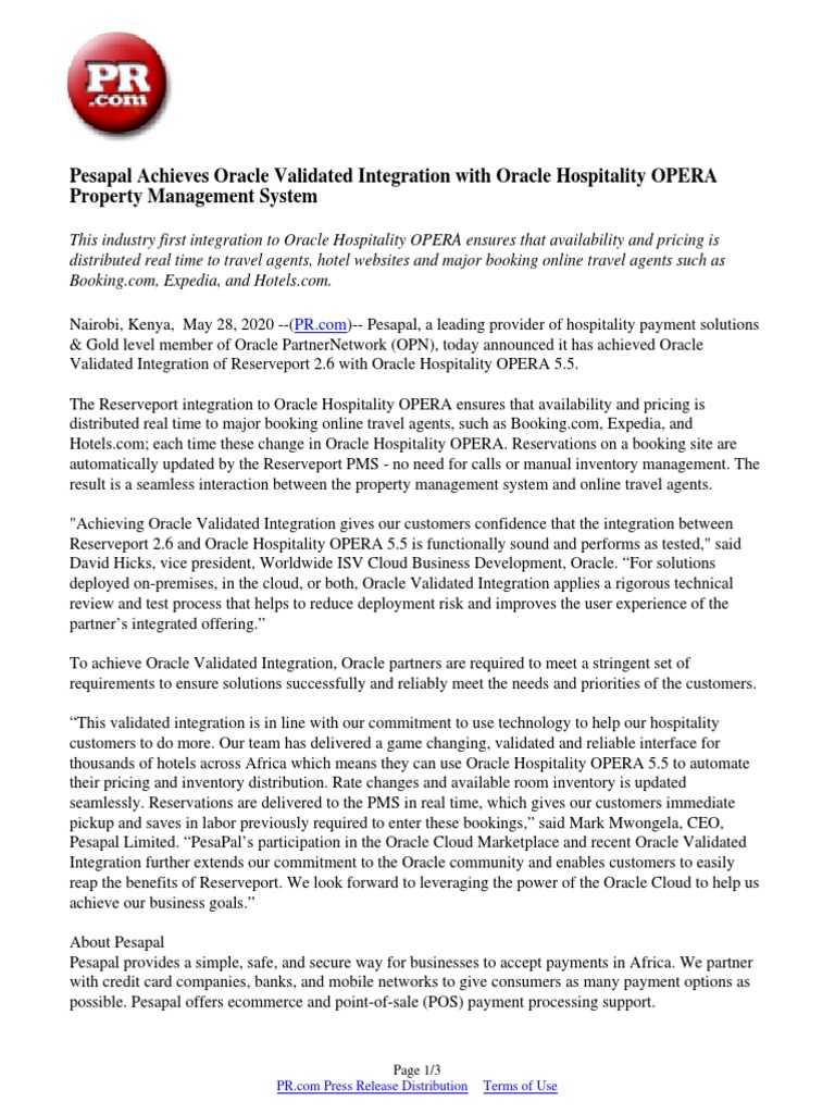 Pesapal Achieves Oracle Validated Integration With Oracle Hospitality OPERA Property Management ...