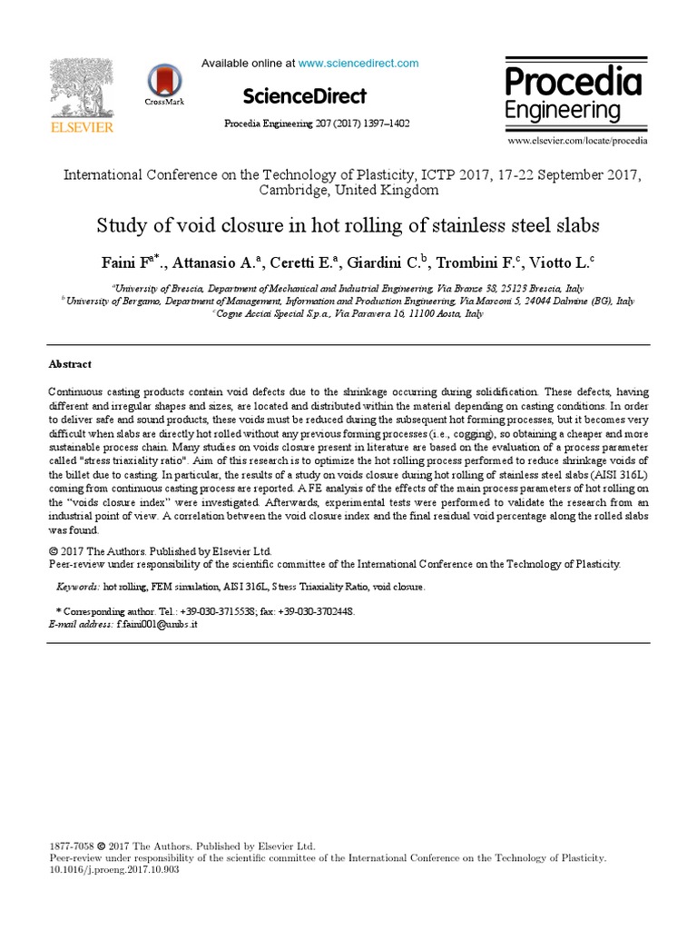 Study of Void Closure in Hot Rolling of Stainless Steel Slabs | PDF ...