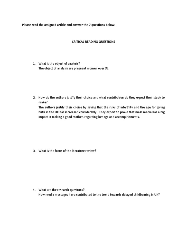 Critical Reading Questions | PDF