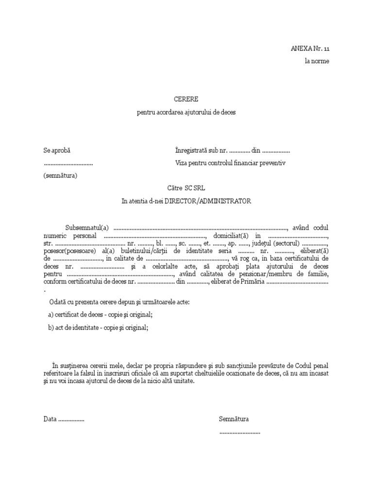 Anexa 11 - Modele Cerere Acordare Ajutor de Deces | PDF