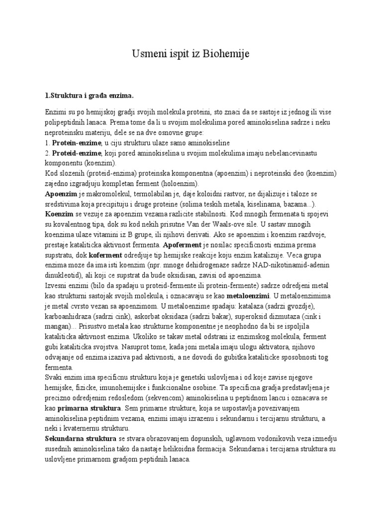 Usmeni Ispit Iz Biohemije | PDF