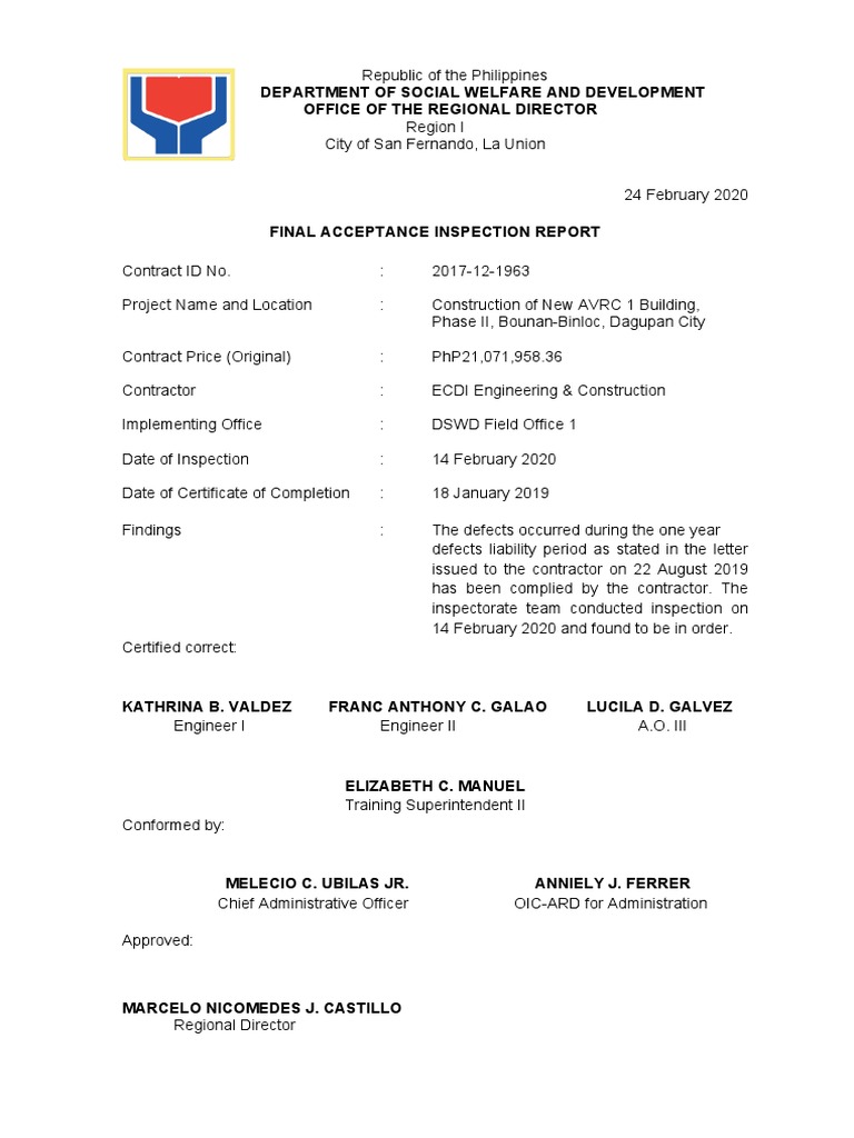 Final Acceptance Report for AVRC 1 Building | PDF | Government | Business
