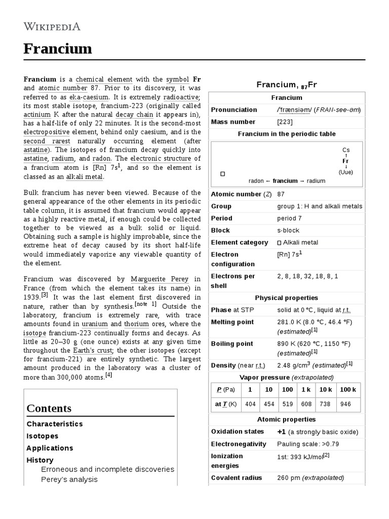 Francium: Francium Is A Chemical Element With The Symbol FR | PDF ...