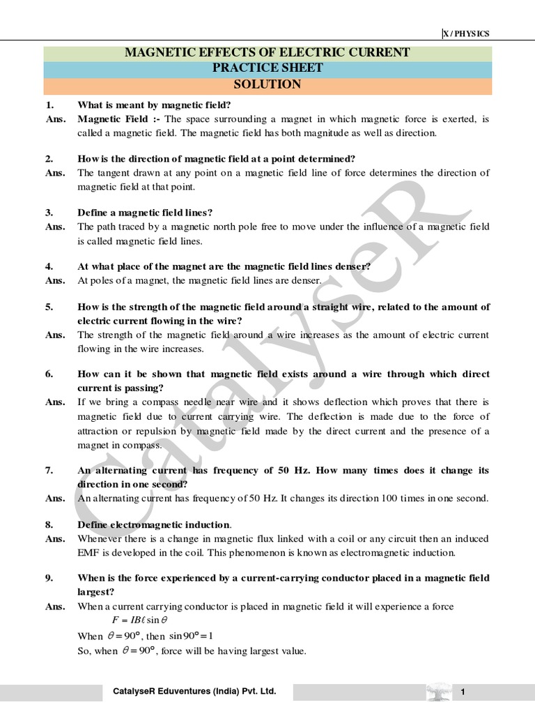 Magnetic Effects of Electric Current Practice Sheet Solution | PDF ...
