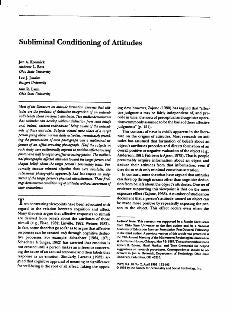 1992 Subliminal Conditioning of Attitudes | PDF