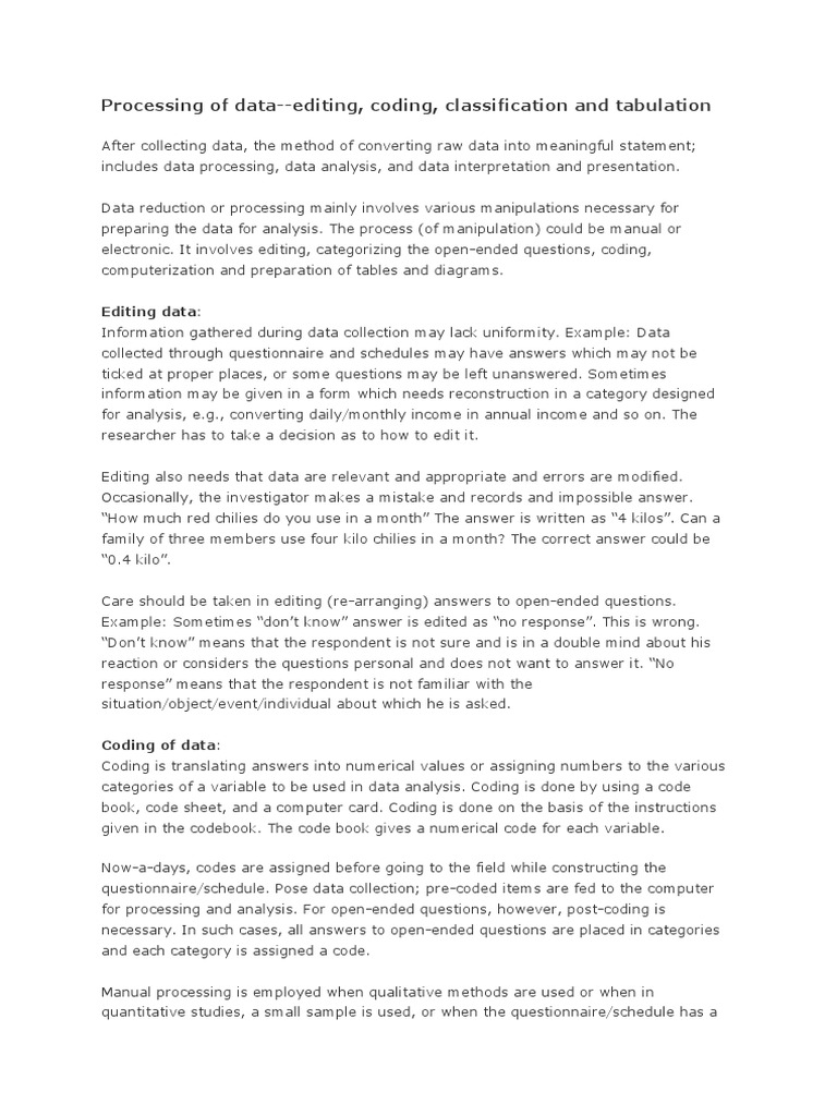 Editing, Coding, Data Entry, Tabulation | PDF | Probability ...