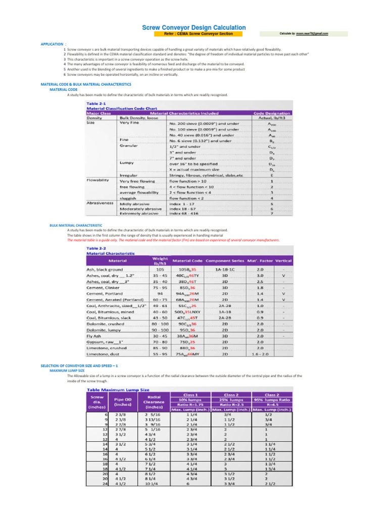Screw Conveyor Design Calculation: Application | PDF | Horsepower ...