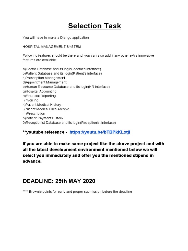 Selection Task: DEADLINE: 25th MAY 2020 | PDF