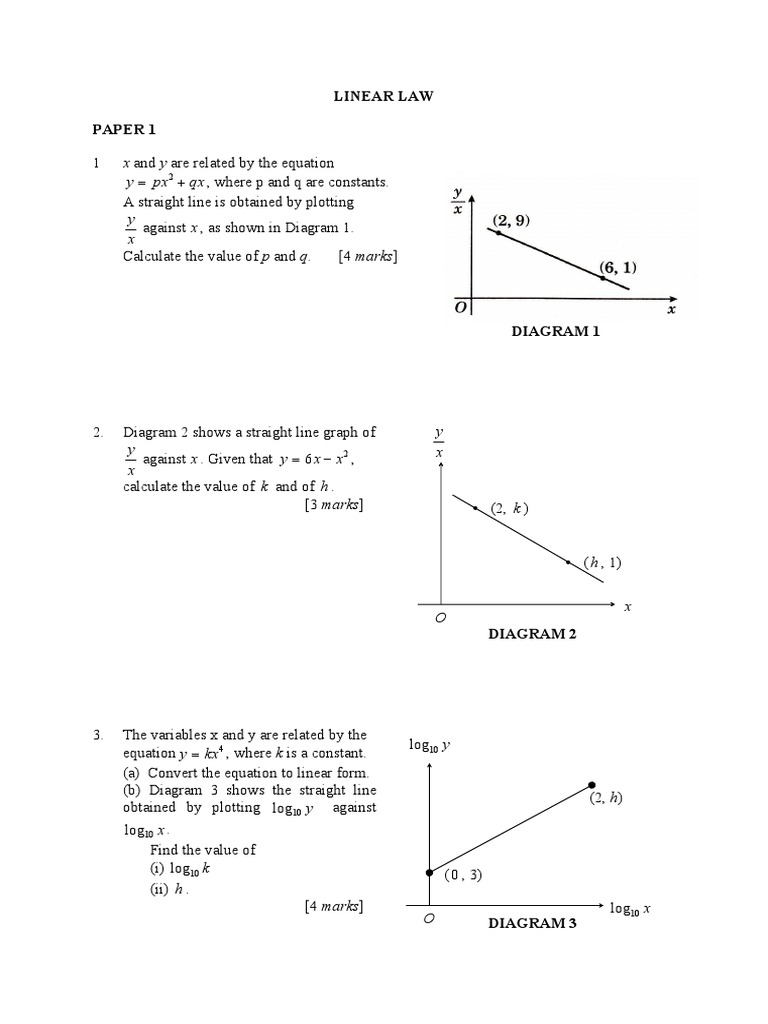 X and y Are Related by The Equation: Linear Law Paper 1 | PDF ...