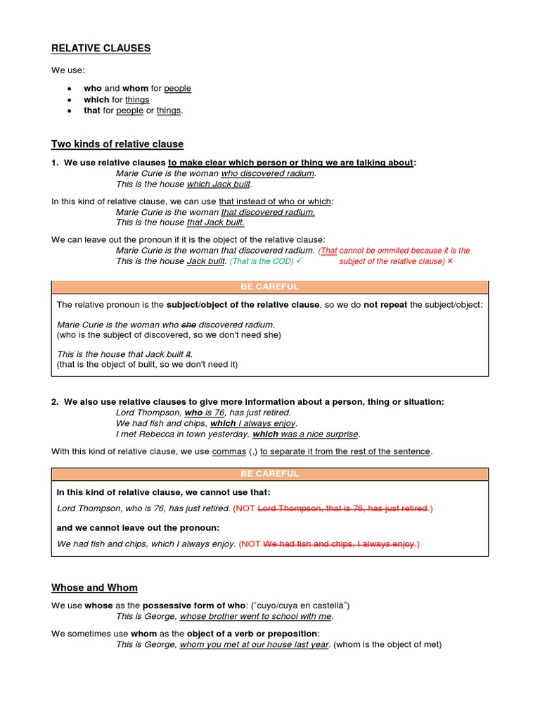 Relative Clauses: Be Careful | PDF | Subject (Grammar) | Linguistic ...
