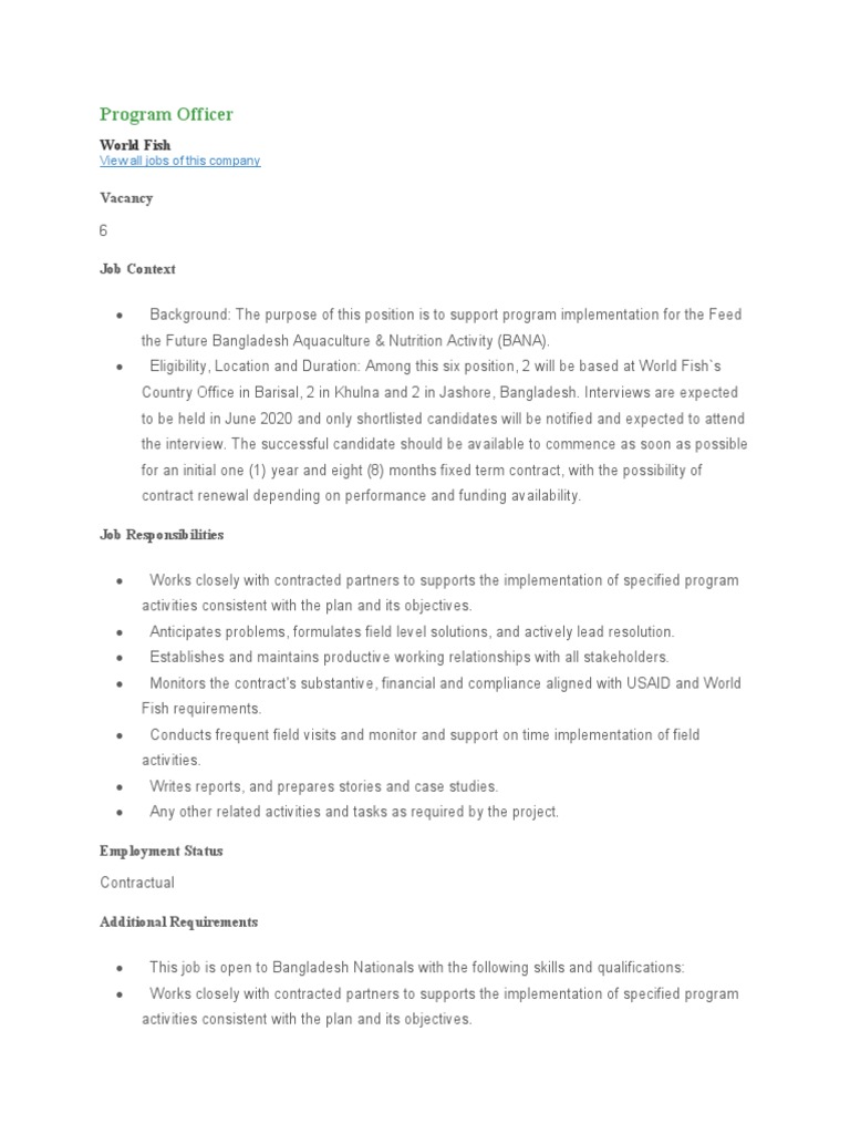 Program Officer Vacancy at World Fish | PDF | Employment | Salary