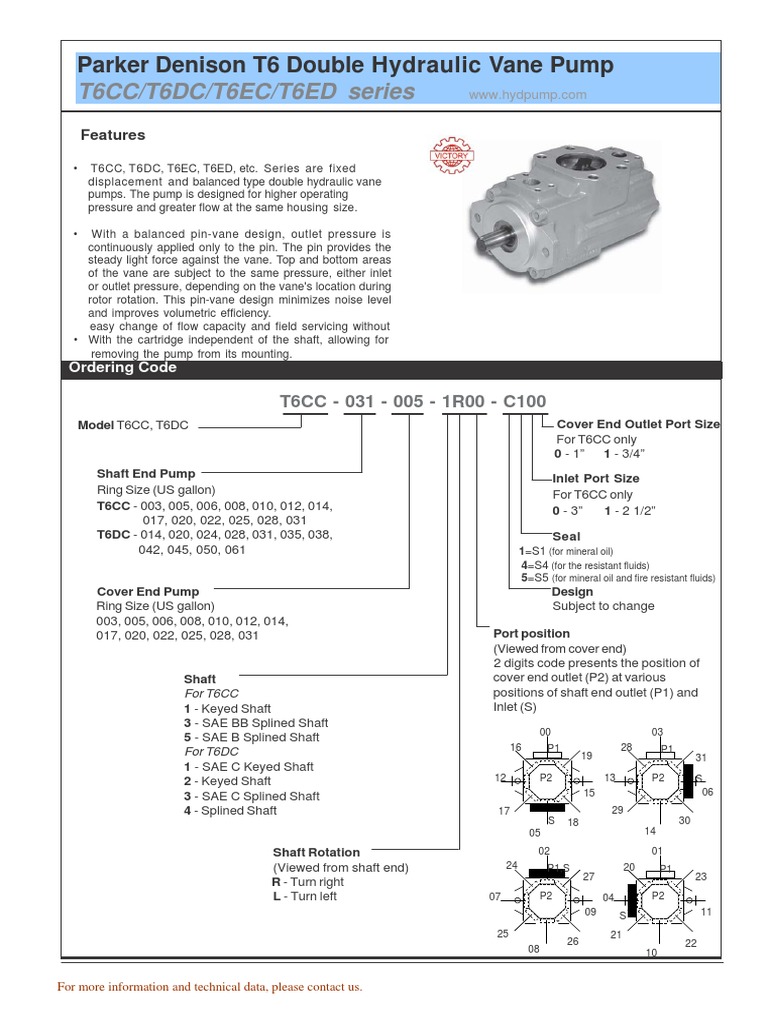 T6CC/T6DC/T6EC/T6ED Series: Parker Denison T6 Double Hydraulic Vane ...