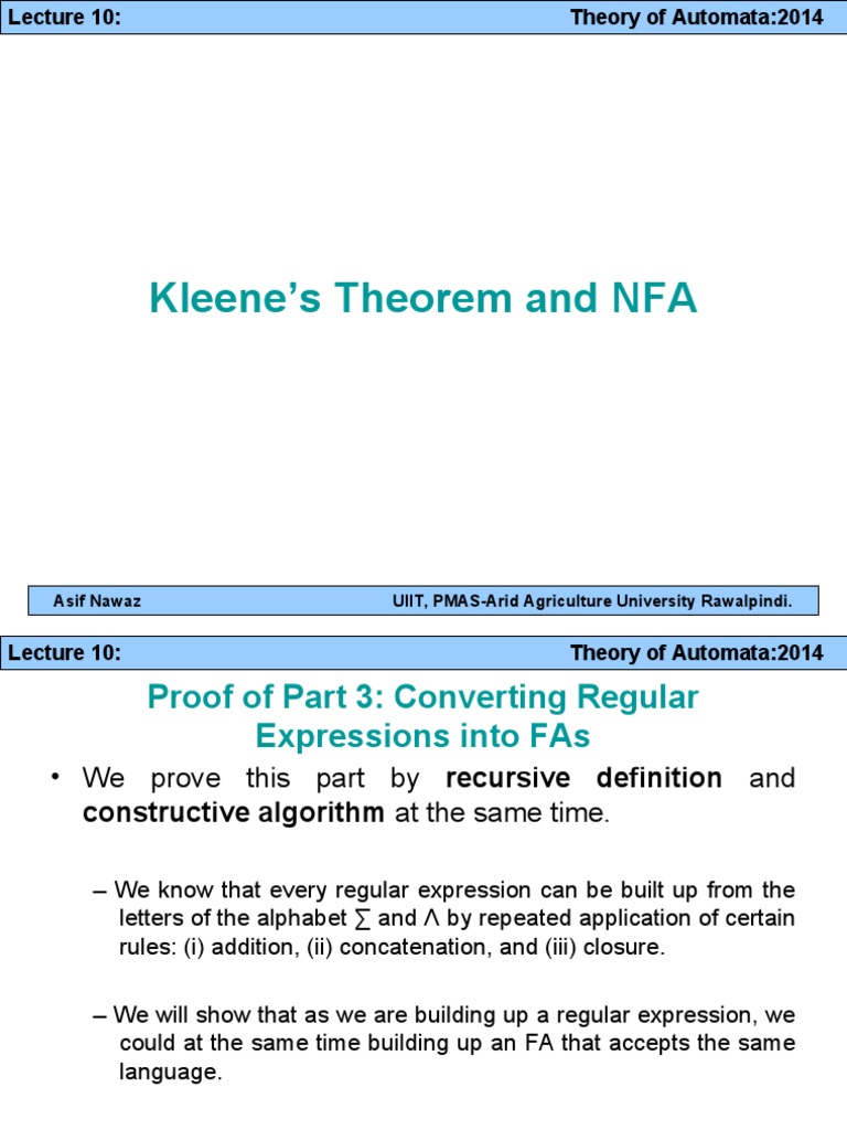 Kleene's Theorem and NFA: Asif Nawaz UIIT, PMAS-Arid Agriculture University Rawalpindi | PDF ...