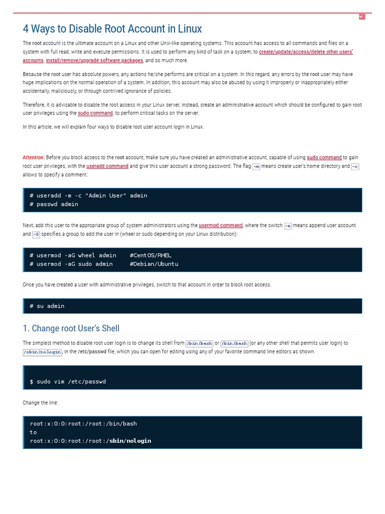 4 Ways To Disable Root Account in Linux | PDF | Superuser | Sudo