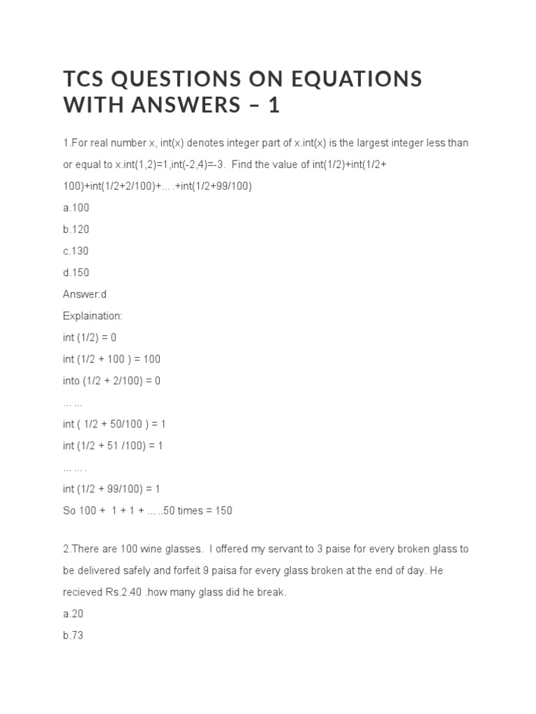 TCS Questions On Equations With Answers | PDF | Teaching Mathematics ...