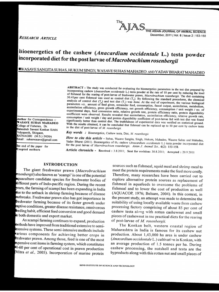 Cashew Testa in Freshwater Prawn Diet | PDF | Flour | Experiment