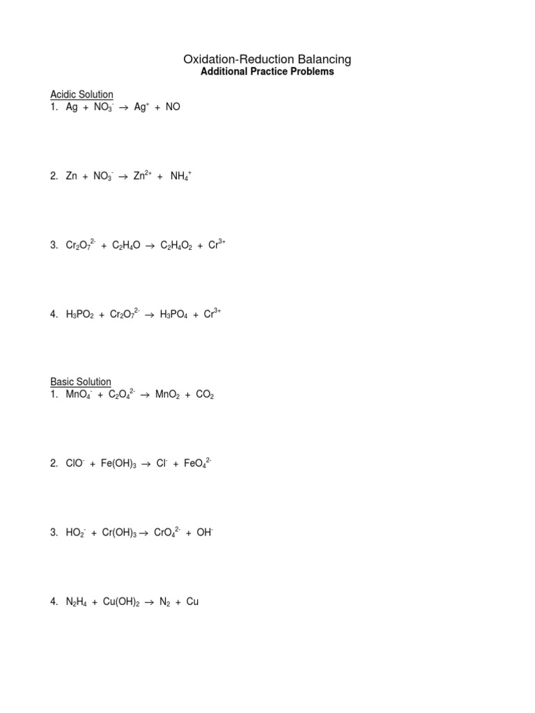 Redox Reaction Exercise On Balancing Equation PDF | PDF