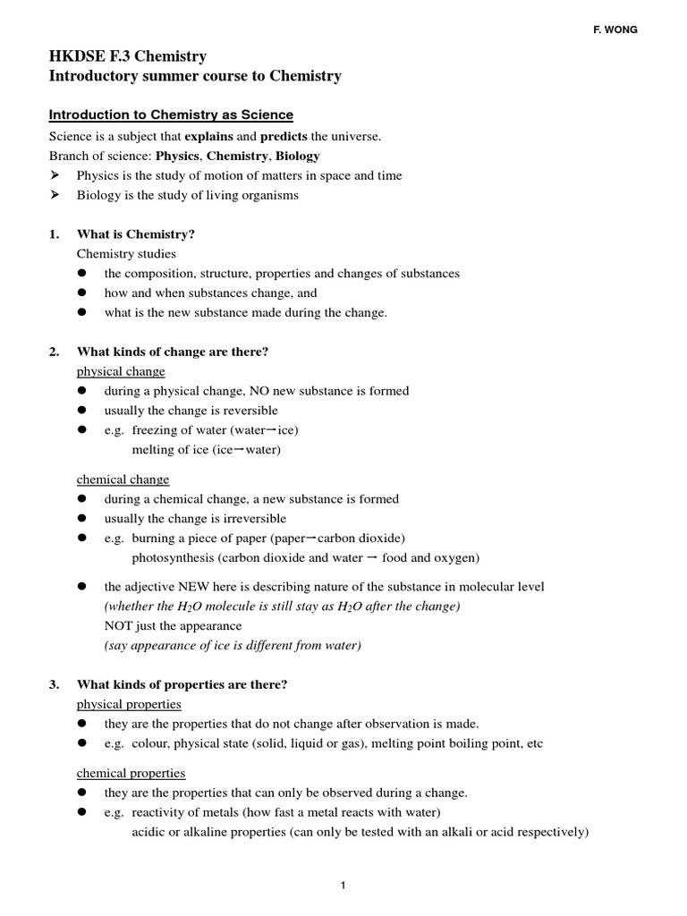HKDSE F.3 Chemistry Introductory Summer Course To Chemistry | PDF ...