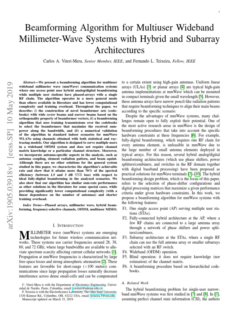 Beamforming Algorithm For Multiuser Wideband Millimeter-Wave Systems ...