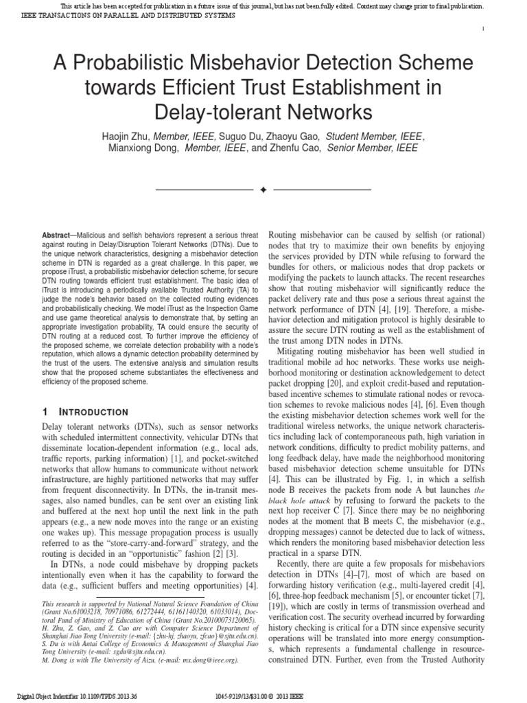 A Probabilistic Misbehavior Detection Scheme Towards Efficient Trust Establishment in Delay ...