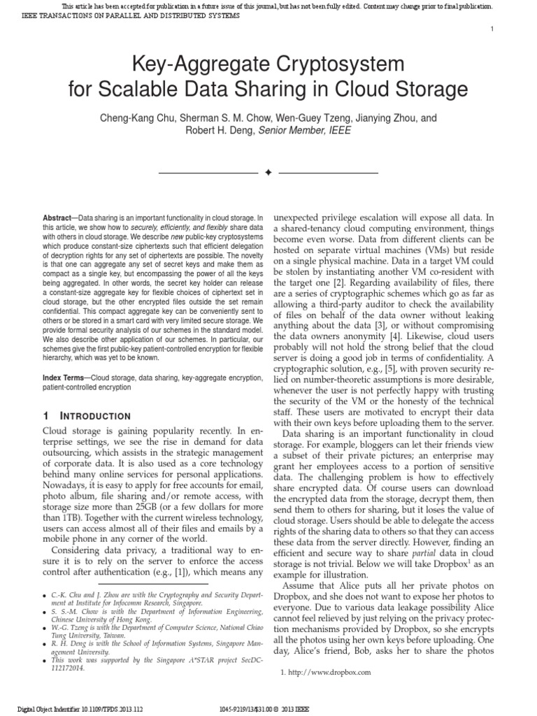 Key-Aggregate Cryptosystem For Scalable Data Sharing in Cloud Storage | Download Free PDF ...