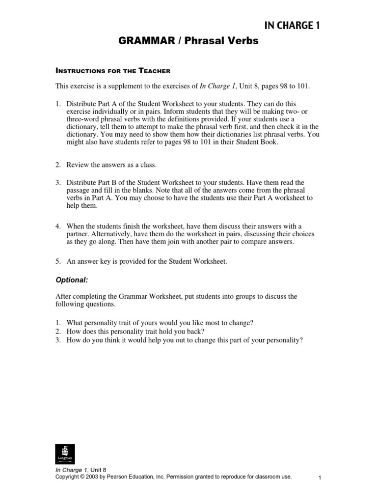 In Charge 1 GRAMMAR / Phrasal Verbs: Nstructions For The Eacher | PDF ...