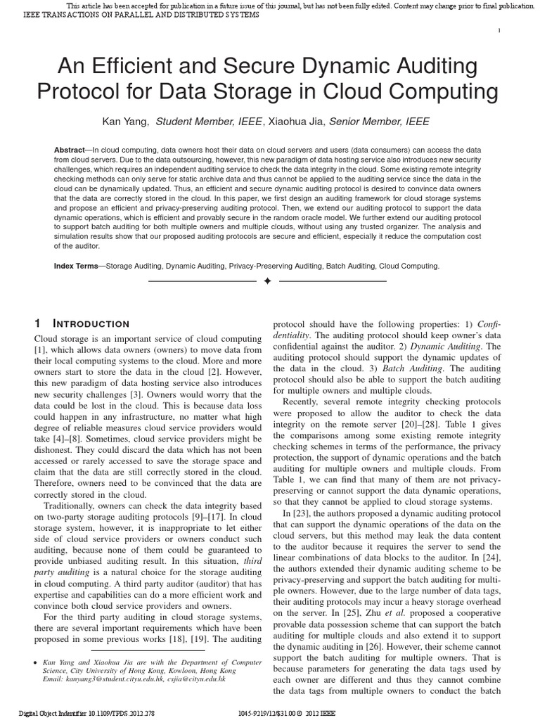 An Efficient And Secure Dynamic Auditing Protocol For Data Storage In Cloud Computing Pdf
