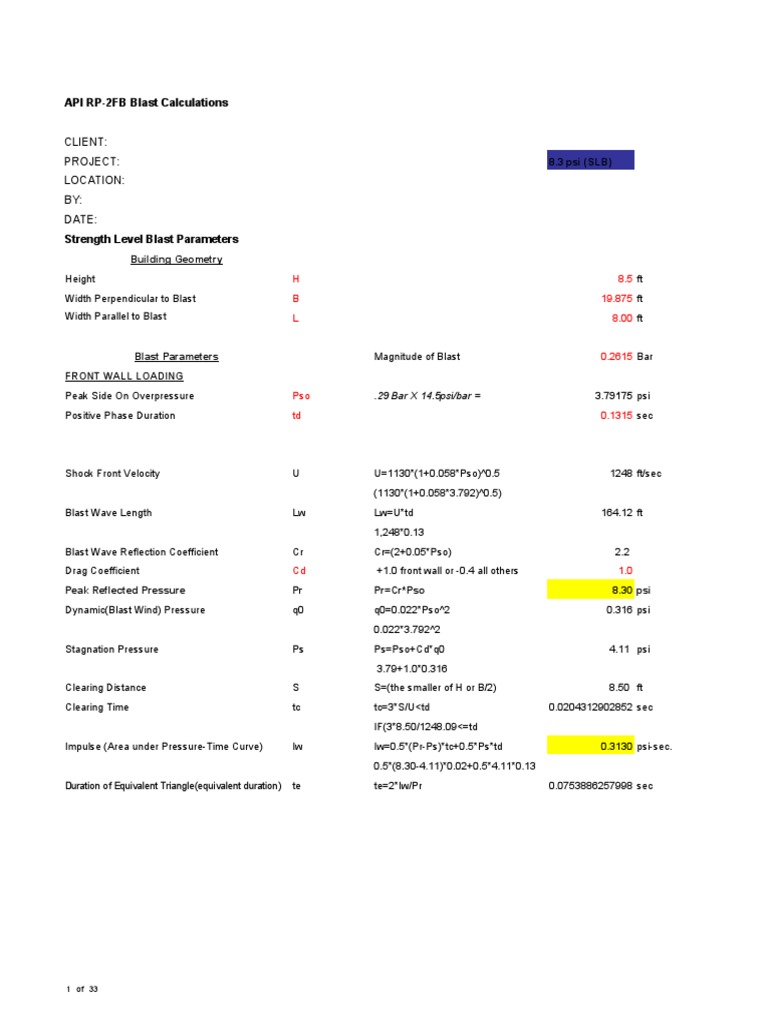 Client: Project: Location: BY: Date:: API RP-2FB Blast Calculations ...