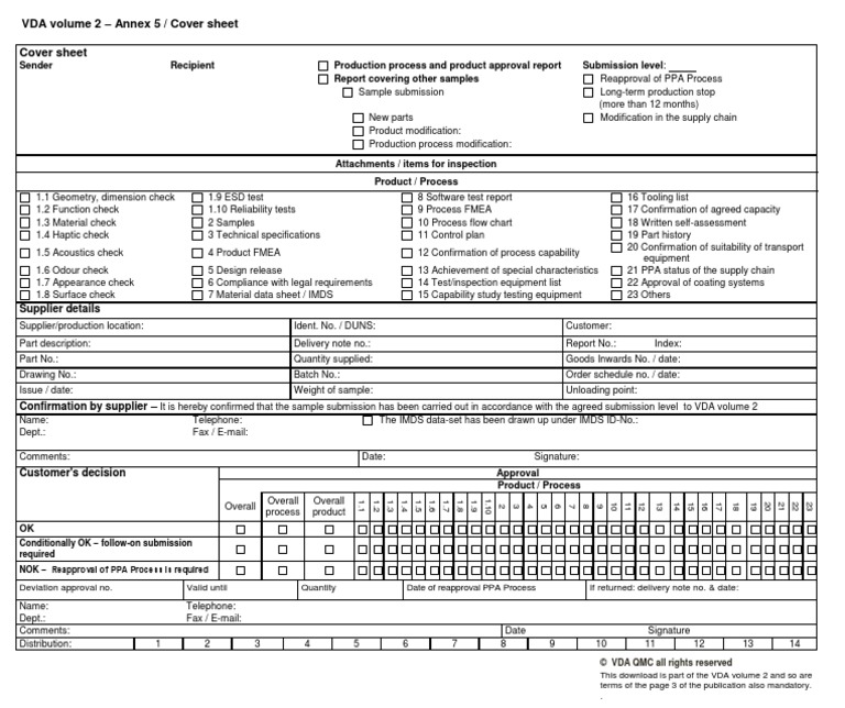 VDA Volume 2 - Annex 5 / Cover Sheet: Sender Recipient Submission Level ...