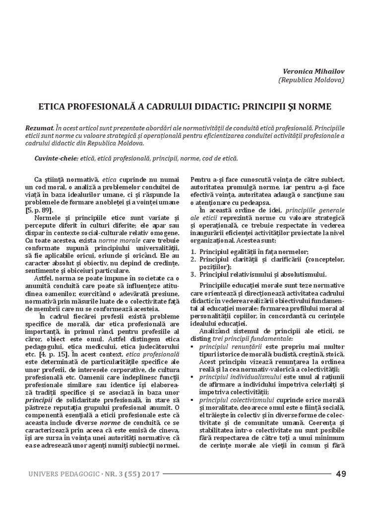 Etica Profesionala A Cadrului Didactic Principii Si Norme PDF | PDF