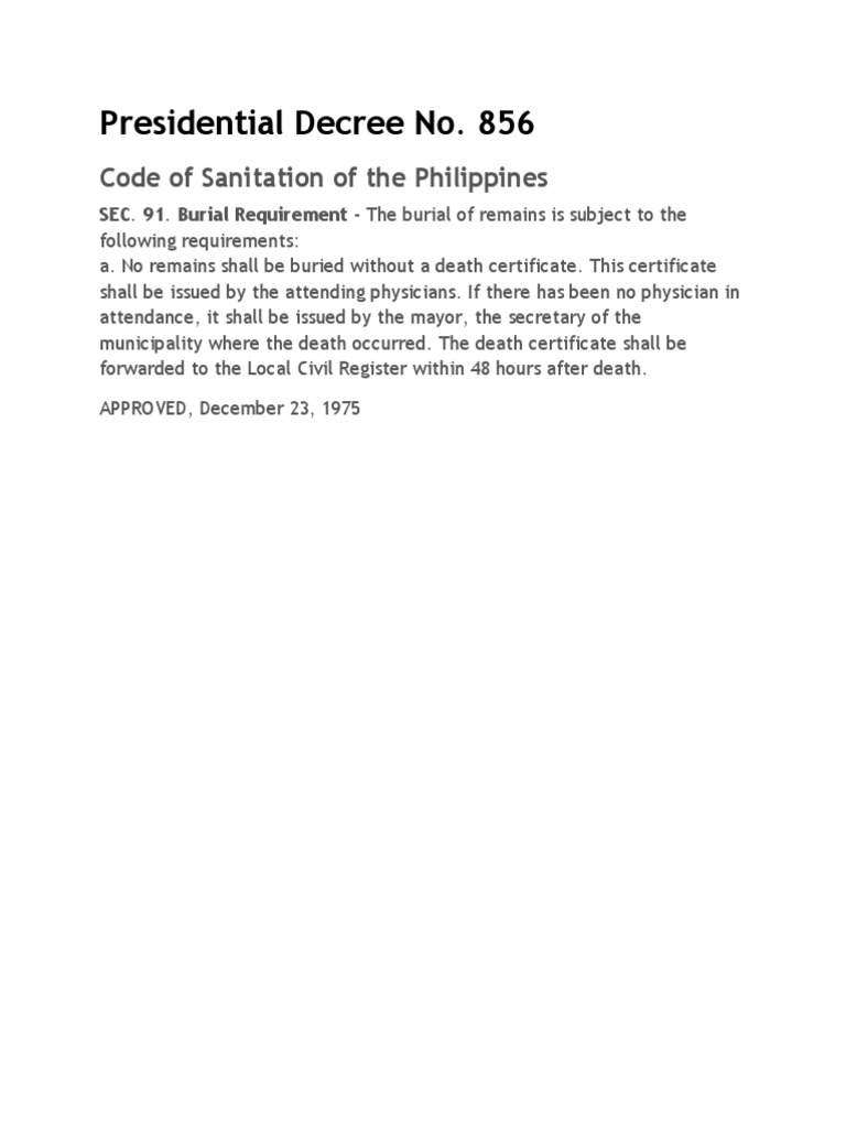 Presidential Decree No. 856: Code of Sanitation of The Philippines | PDF