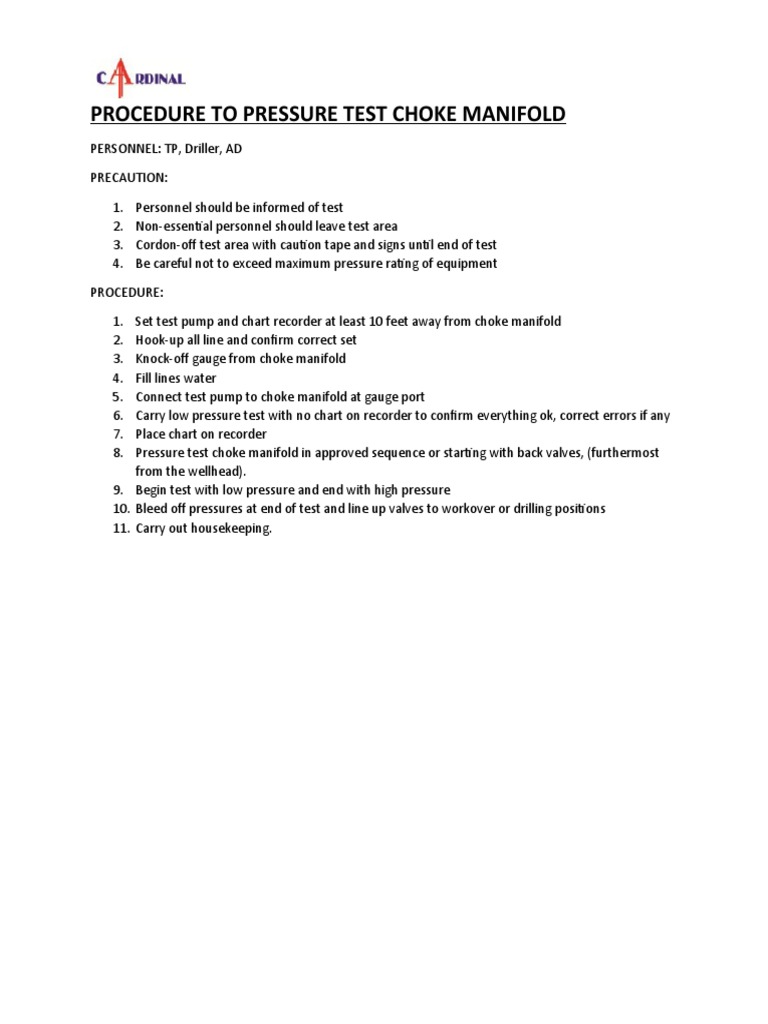 Procedure To Pressure Test Choke Manifold | PDF