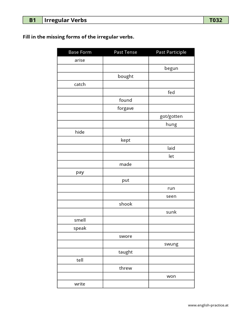 B1 Irregular Verbs T032: Fill in The Missing Forms of The Irregular ...