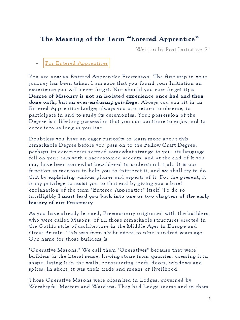 The Meaning of The Term "Entered Apprentice" | PDF | Freemasonry ...