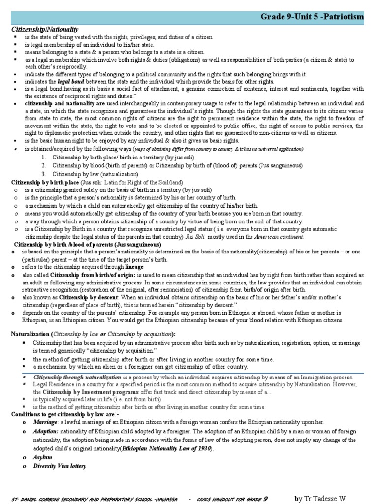 Citizenship: Grade 9-Unit 5 - Patriotism | PDF | Naturalization ...