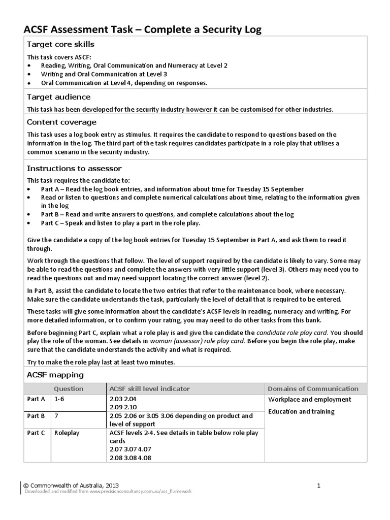 ACSF Assessment Task - Complete A Security Log: Target Core Skills ...