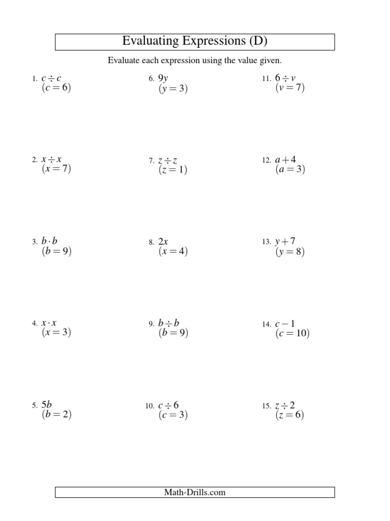 Algebra Evaluating Algebraic Expressions One Variable One Step ...