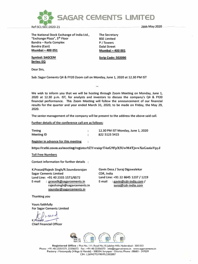 Sagar Cement Call Invite | PDF | Equity Securities | Financial Markets
