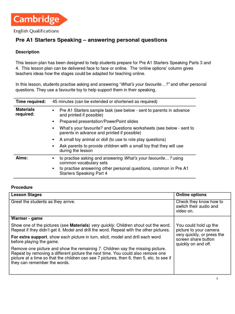 Pre A1 Starters Speaking Activities | PDF | Toys | Worksheet