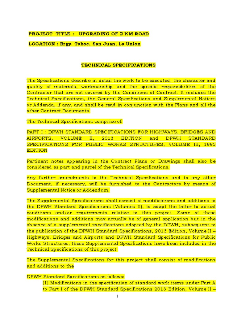 Technical Specifications for the Upgrading of 2 km Road in Brgy. Taboc ...