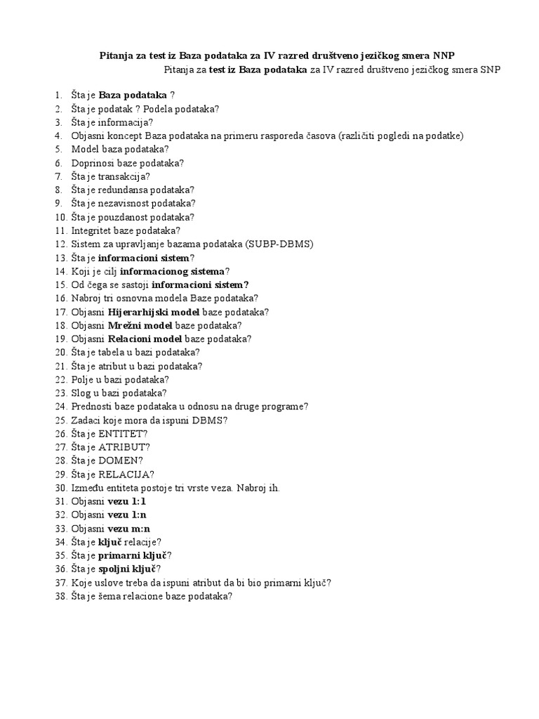 Baza Podataka Pitanja Za Test | PDF