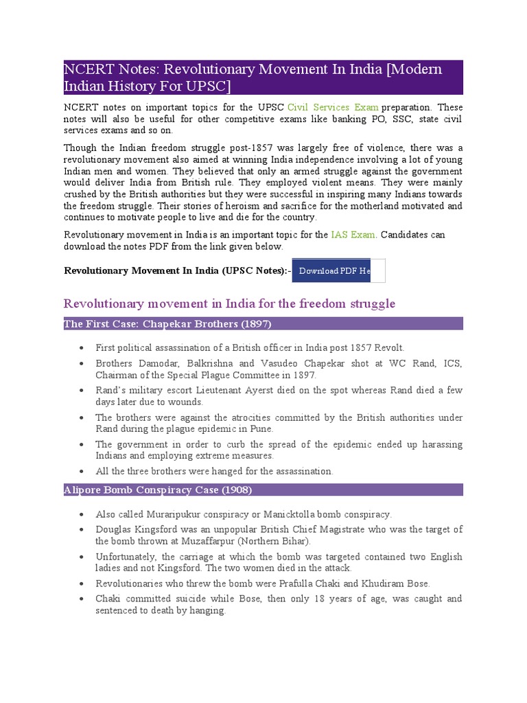 NCERT Notes: Revolutionary Movement in India (Modern Indian History For ...
