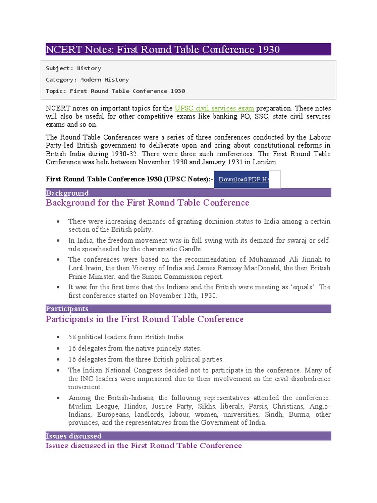 NCERT Notes: First Round Table Conference 1930 | PDF | British Raj ...